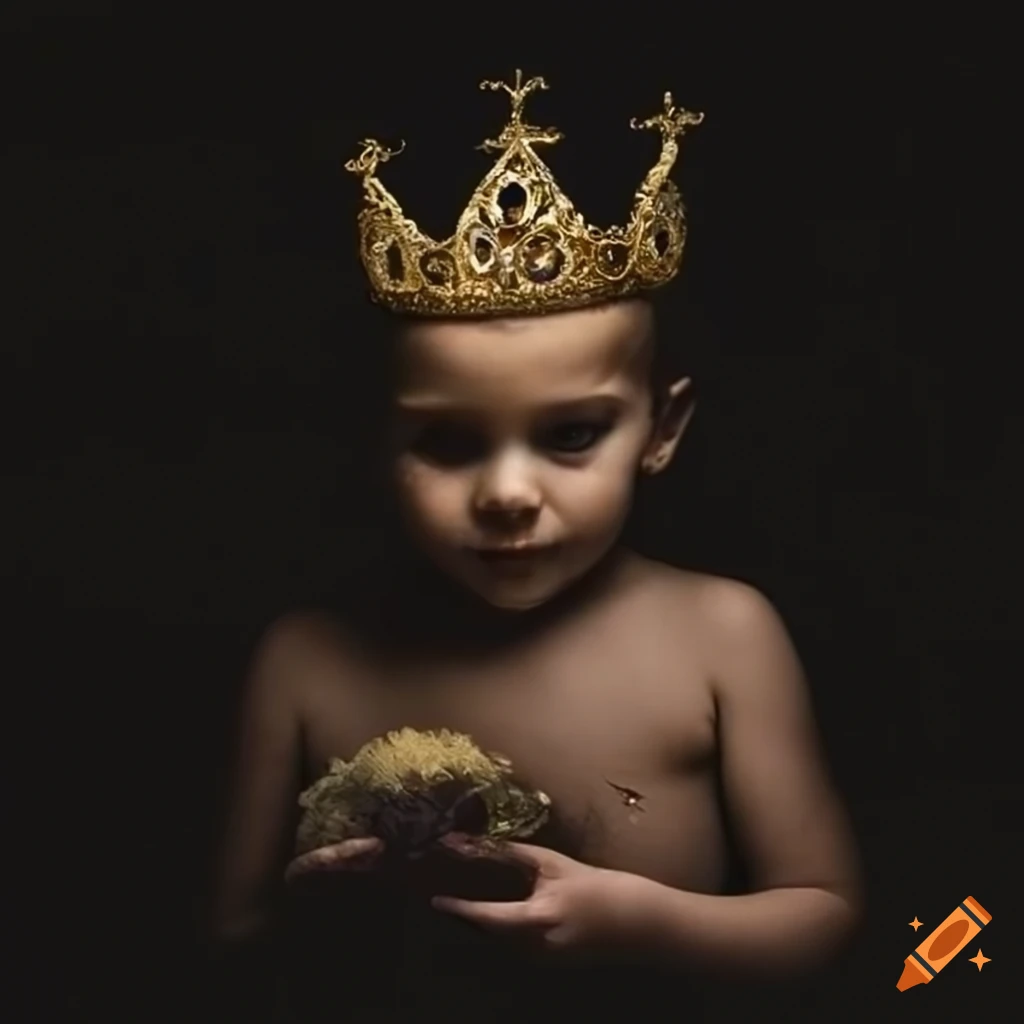 Child with crown holding a tree in a dark atmosphere on Craiyon