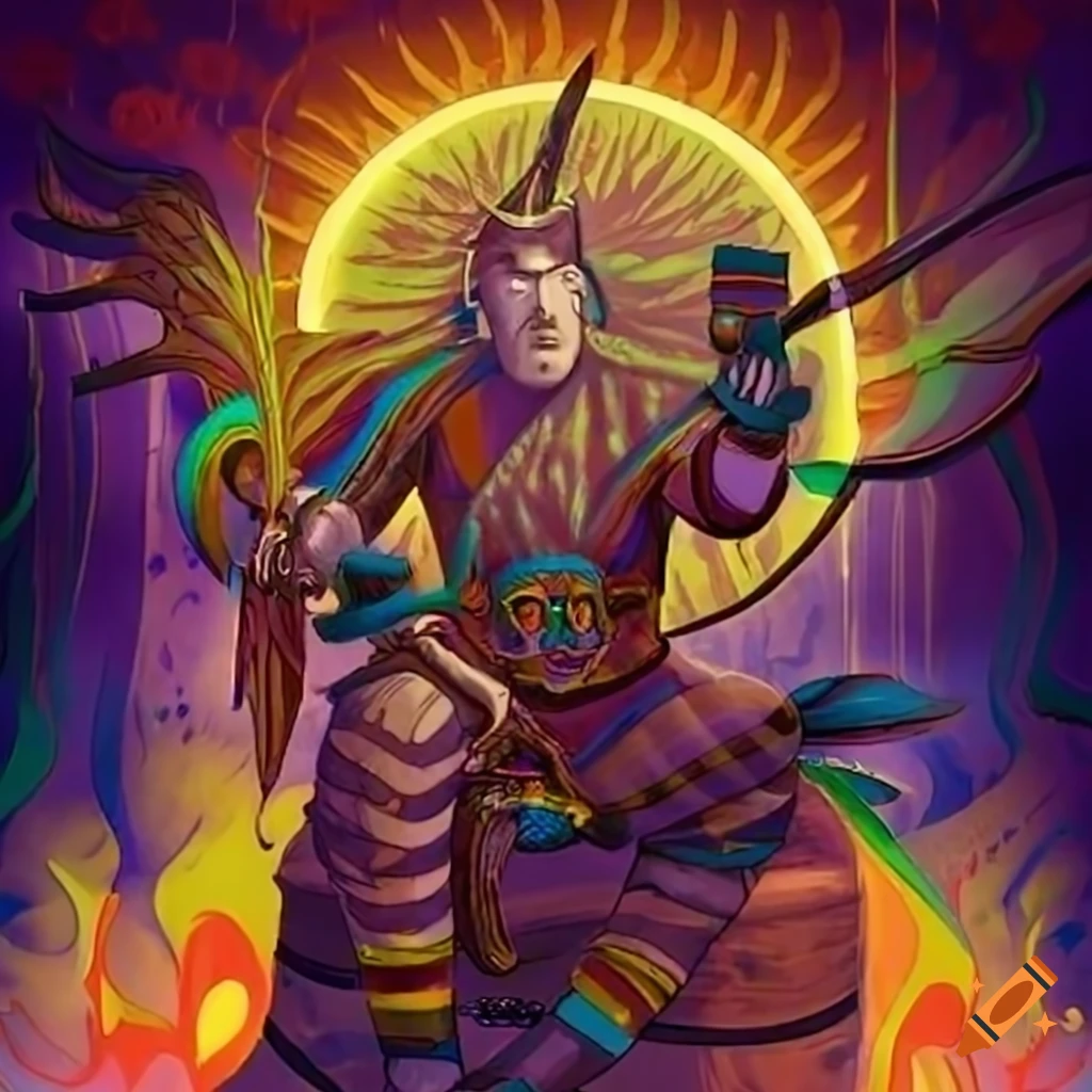 Wizard warrior meditating with falcon, sword, and bow in a magical ...