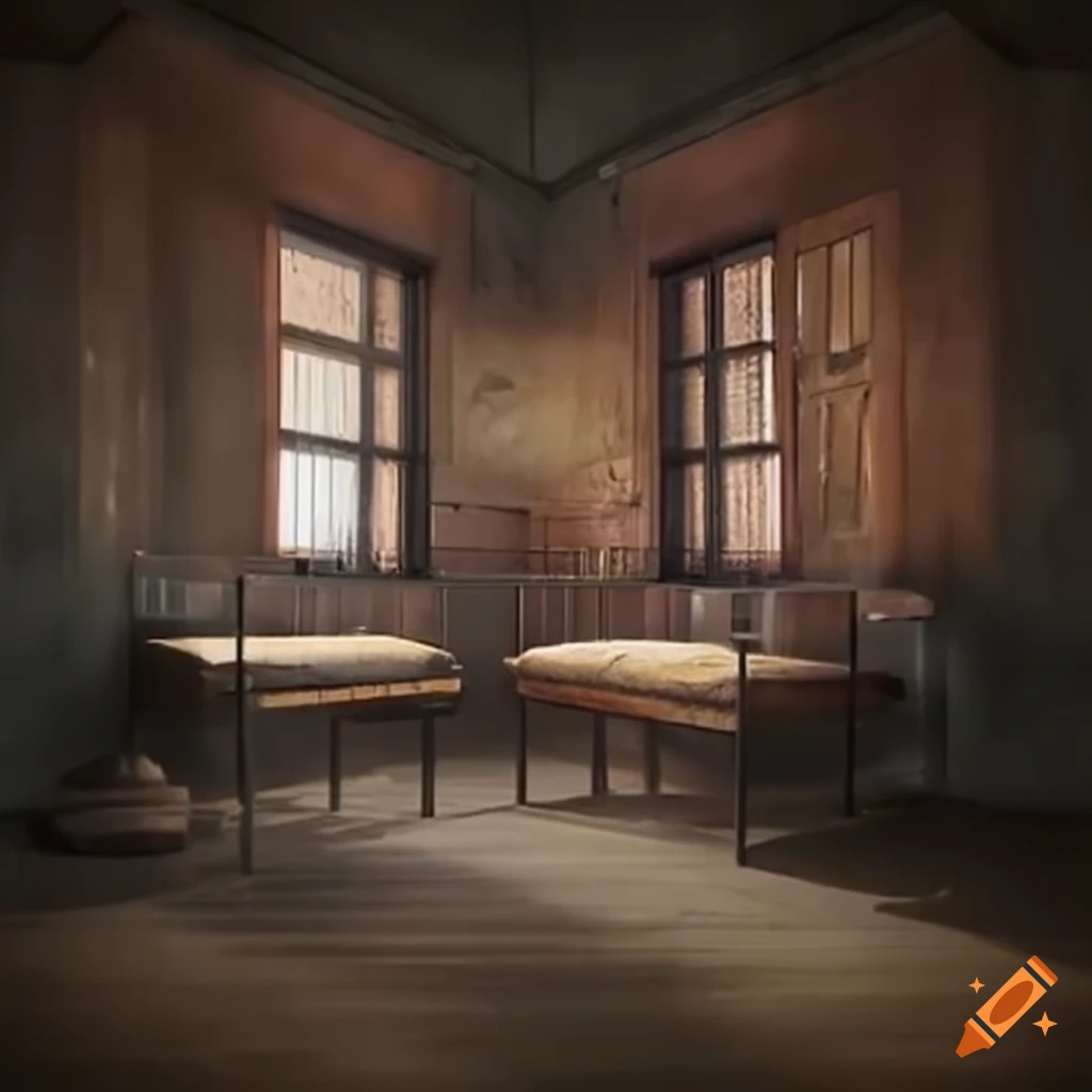 Prison cell decor with bed and rusty bars inside a cube on Craiyon