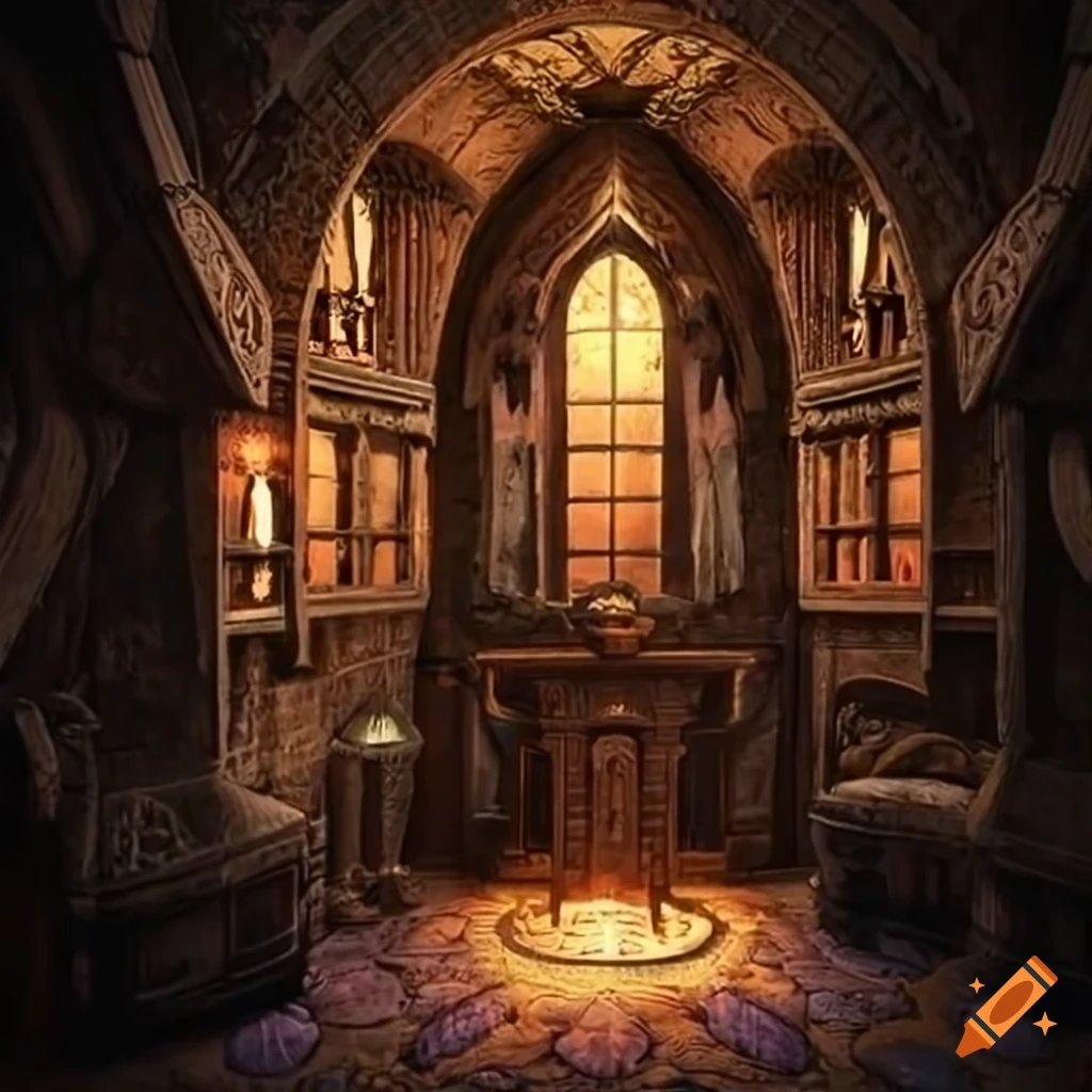 Enchanted wizard tower rooms with mystical artifacts on Craiyon