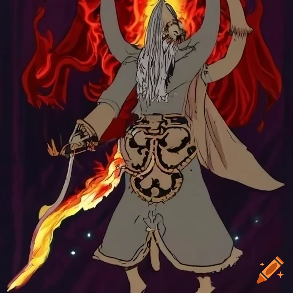 Wizard warrior meditating with a falcon, sword, and bow in a mystical ...