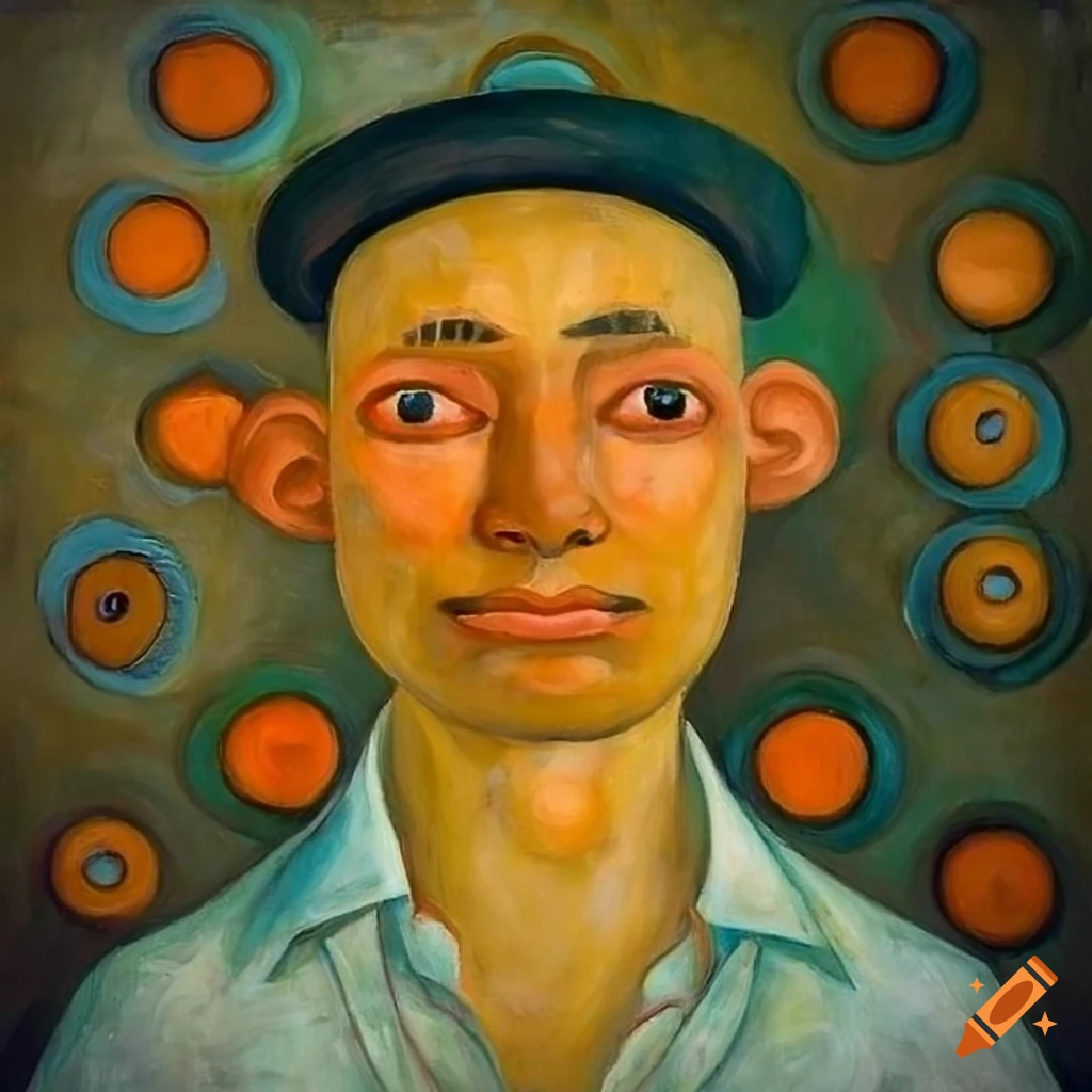 Abstract portrait of a man in diego rivera style with circle eyes and ...