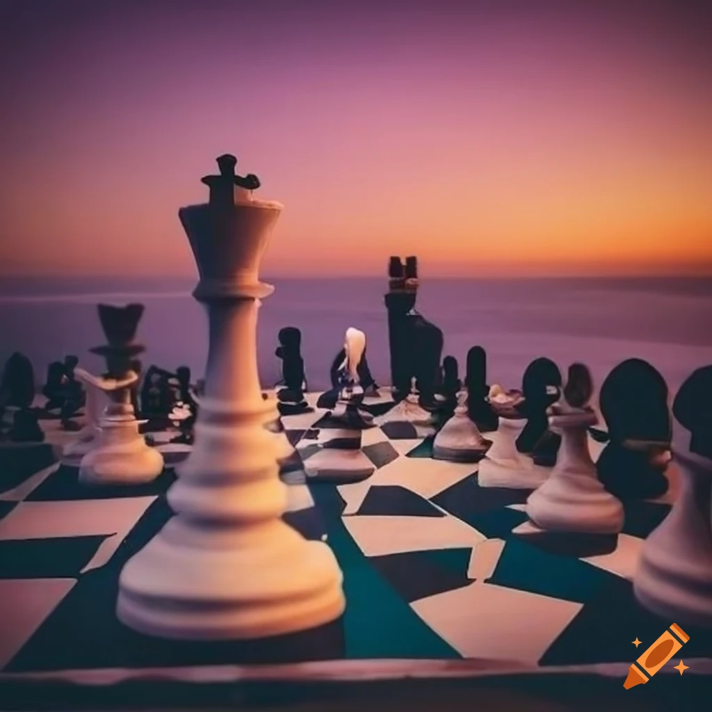 Alice playing chess with the hatter under a twilight sky with a ruined ...