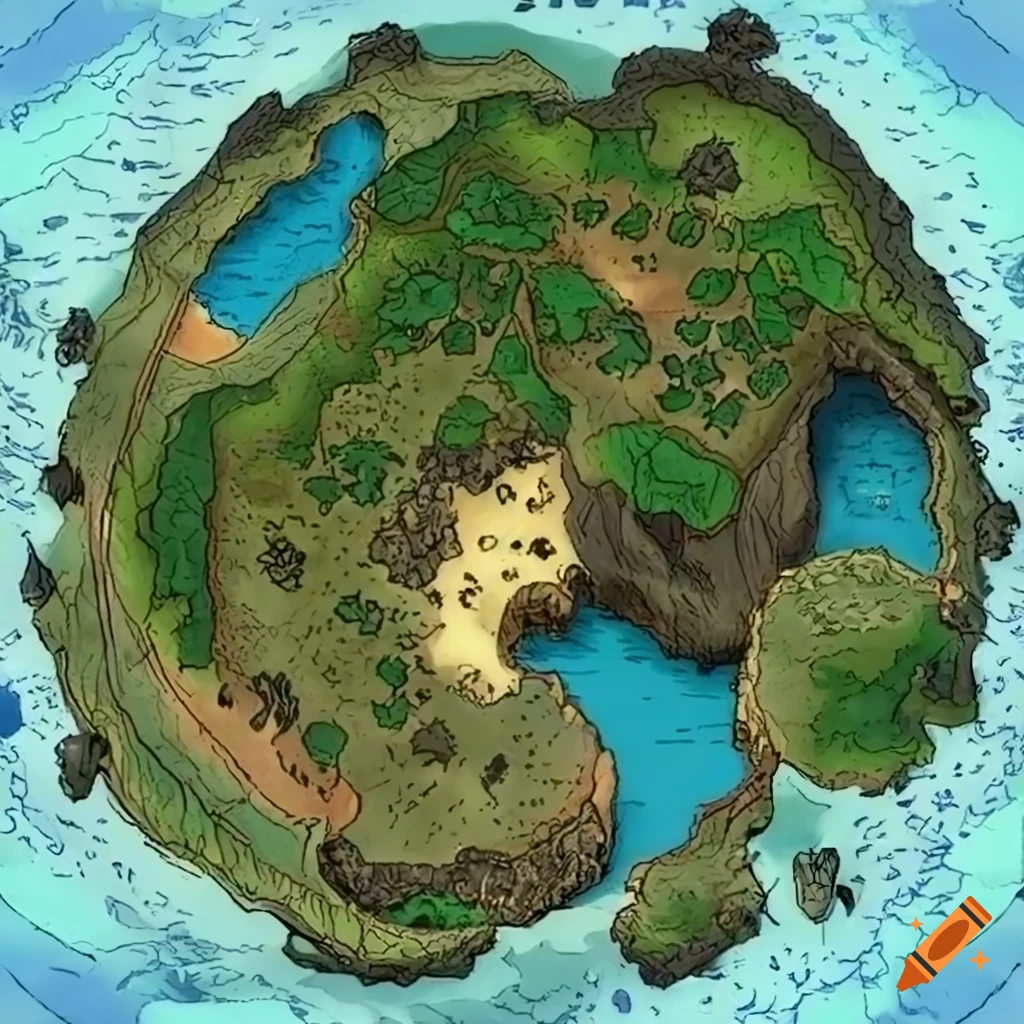Dnd map of a volcanic island with forests, cliffs, and a beach on Craiyon
