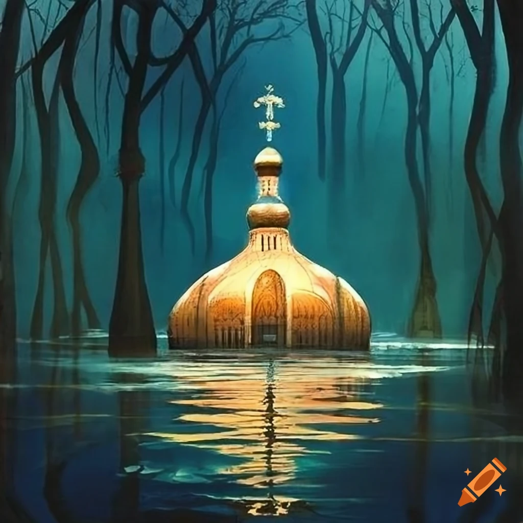 Russian orthodox church dome sinking into a swamp in imaginative fine ...