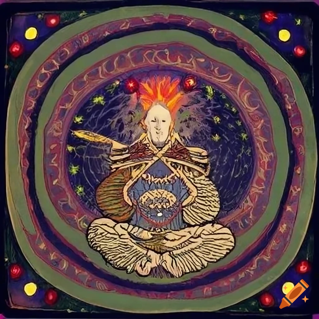 Wizard warrior meditating with falcon, sword, and bow in a magical ...