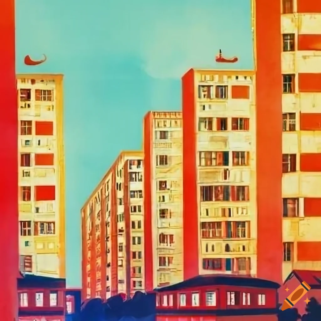 Colorful Soviet propaganda poster of prefab buildings and factories on ...