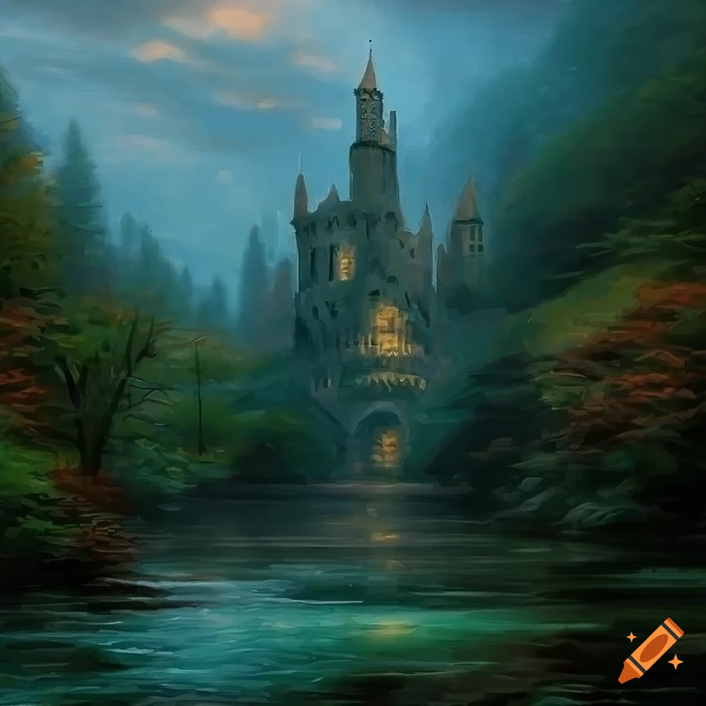 Sinister wizard's castle at the foot of mountains with stone walls ...