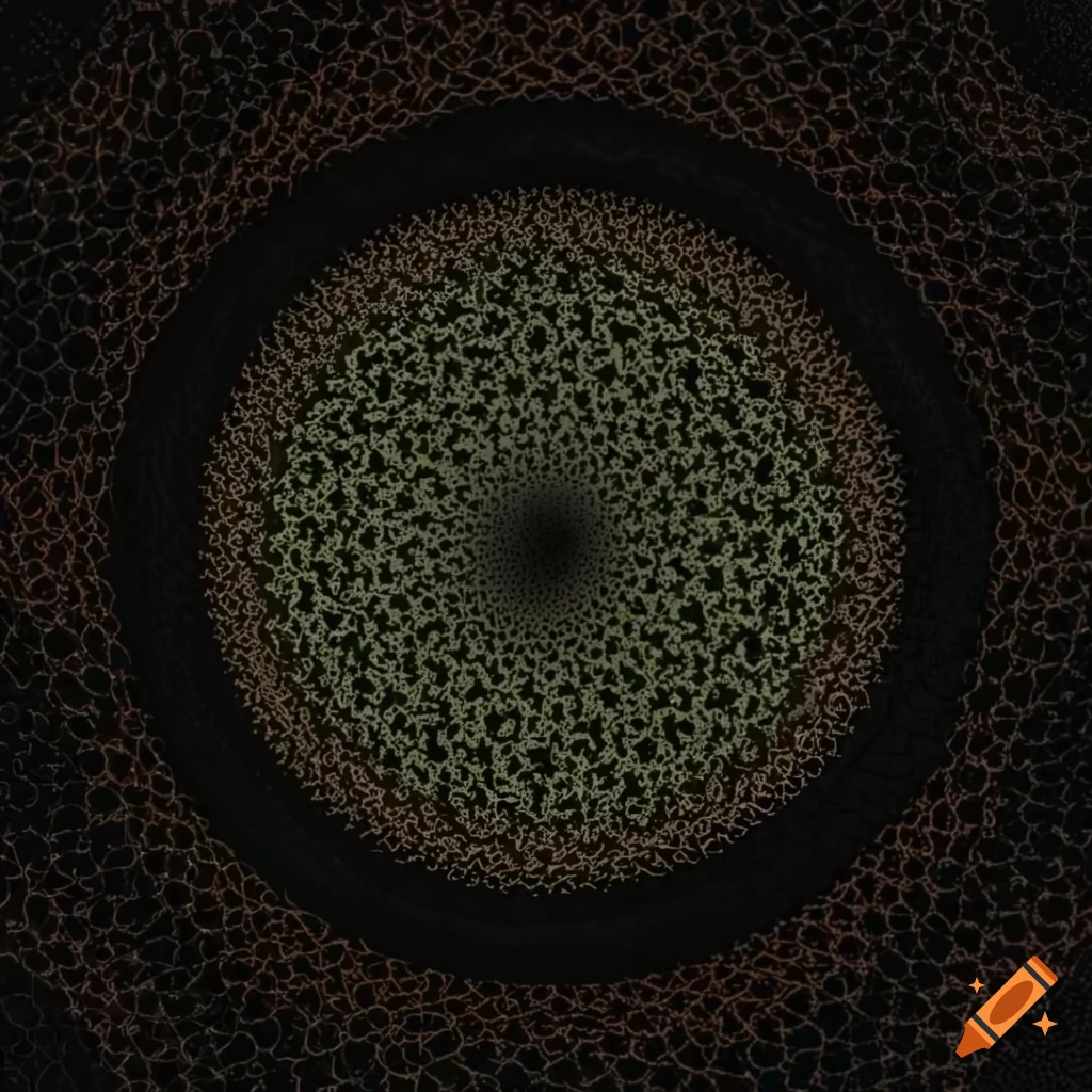 Fractal tiling with geometric shapes in verdigris, ochre, and black on ...