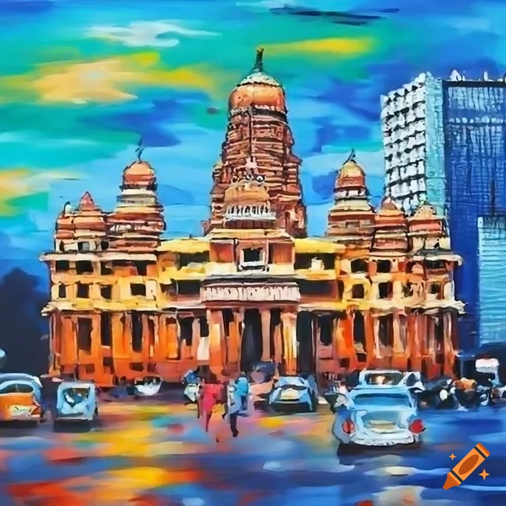 Vibrant painting of bustling central bangalore city with iconic ...