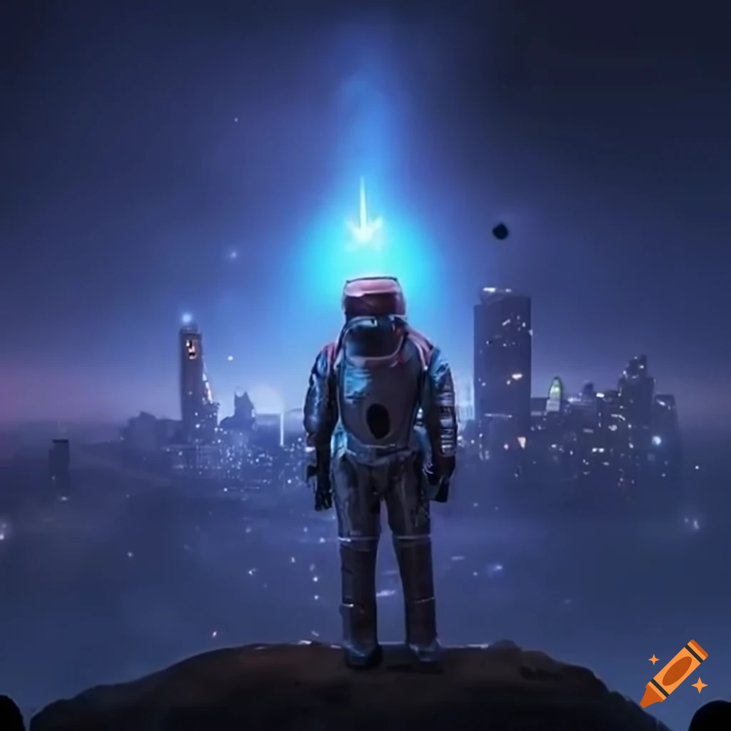 Man in futuristic space suit activating jet thrusters and flying ...