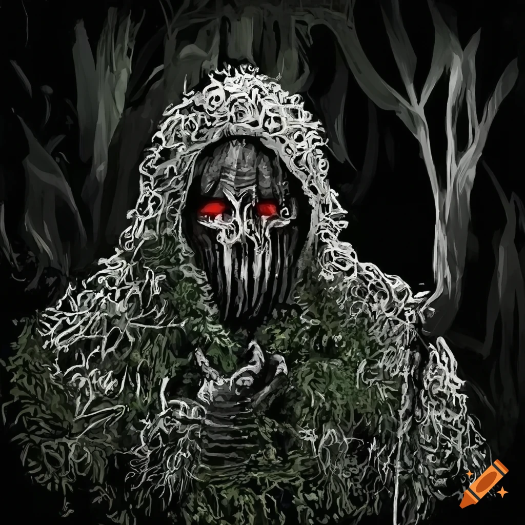 Medieval undead knight with glowing red eyes covered in moss and ...