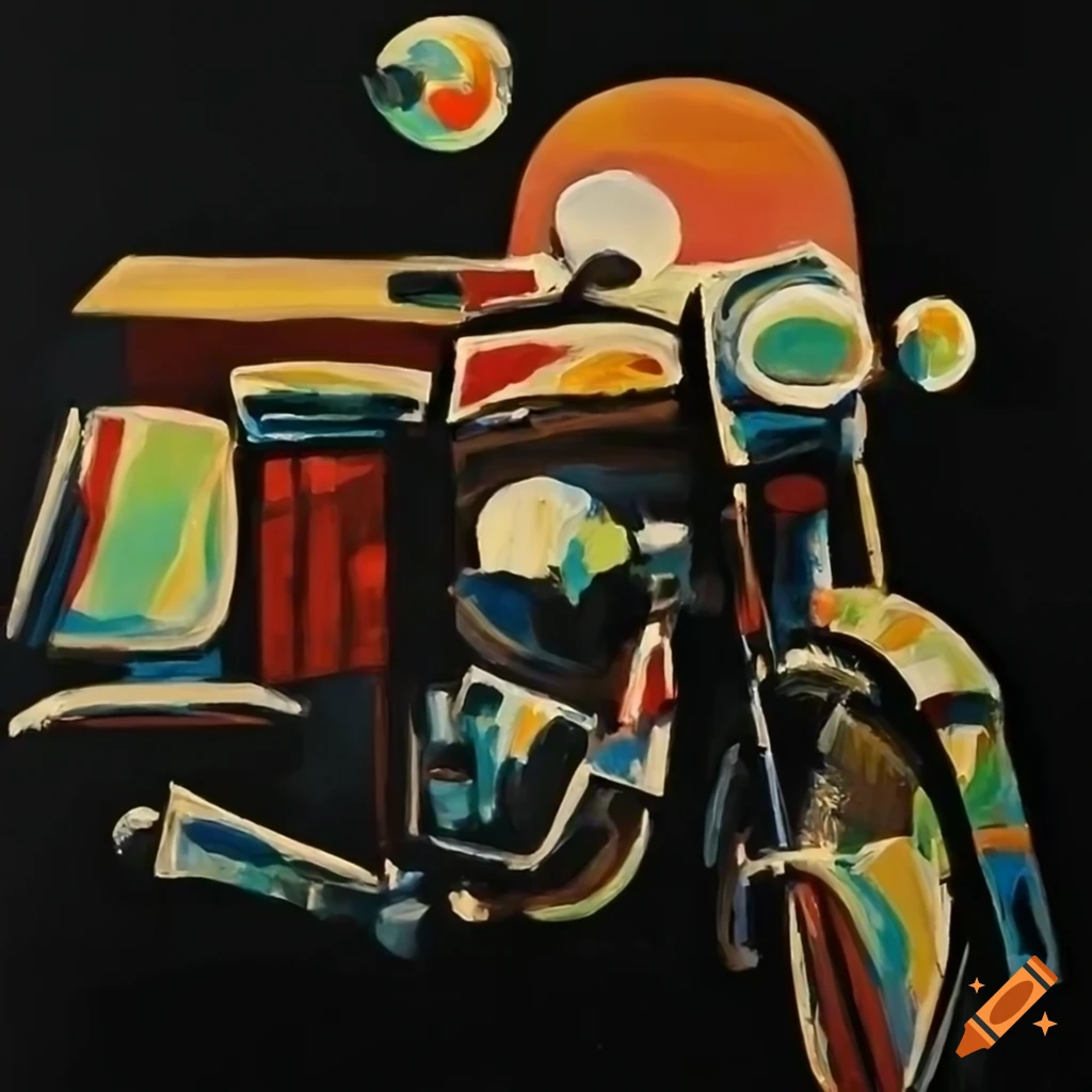 Abstract cubist style painting of a Royal Enfield motorcycle on Craiyon