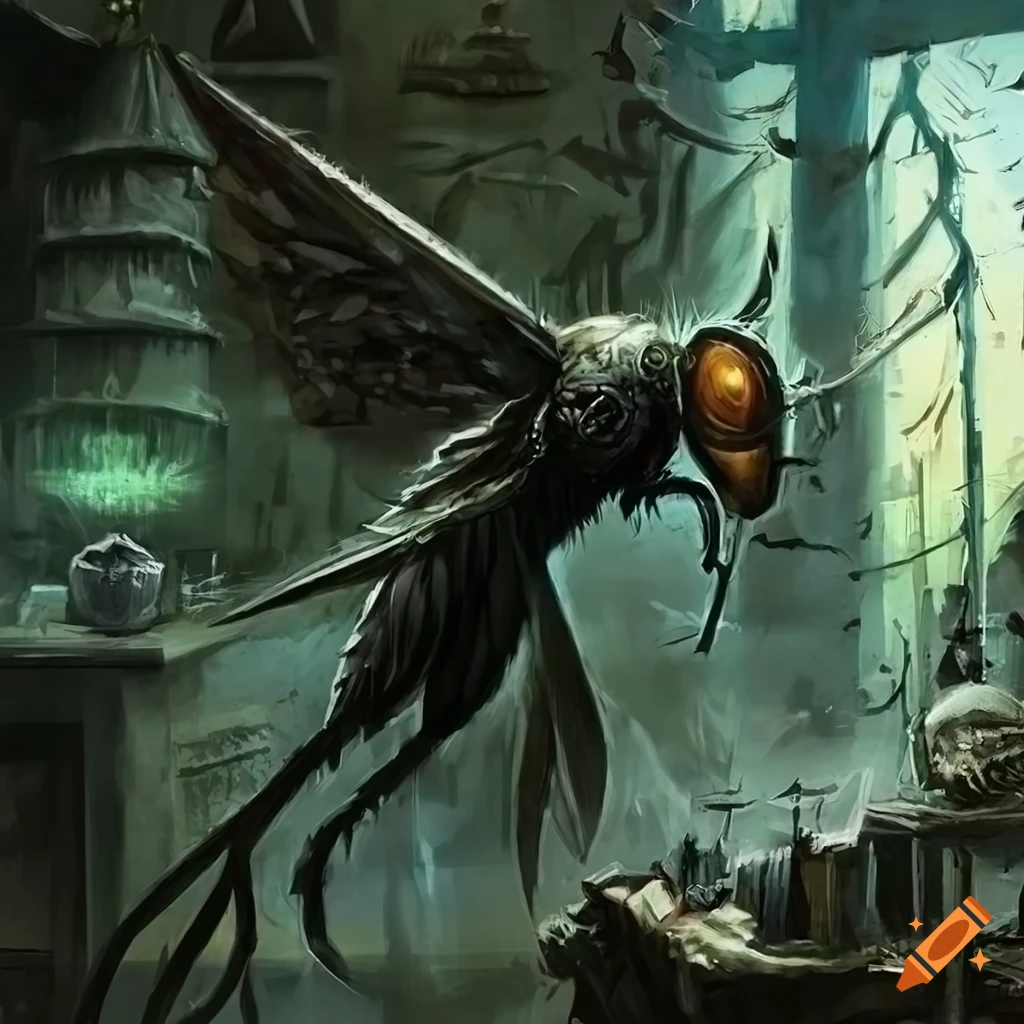 Creepy fly monster in a destroyed laboratory wearing a lab coat in dark ...