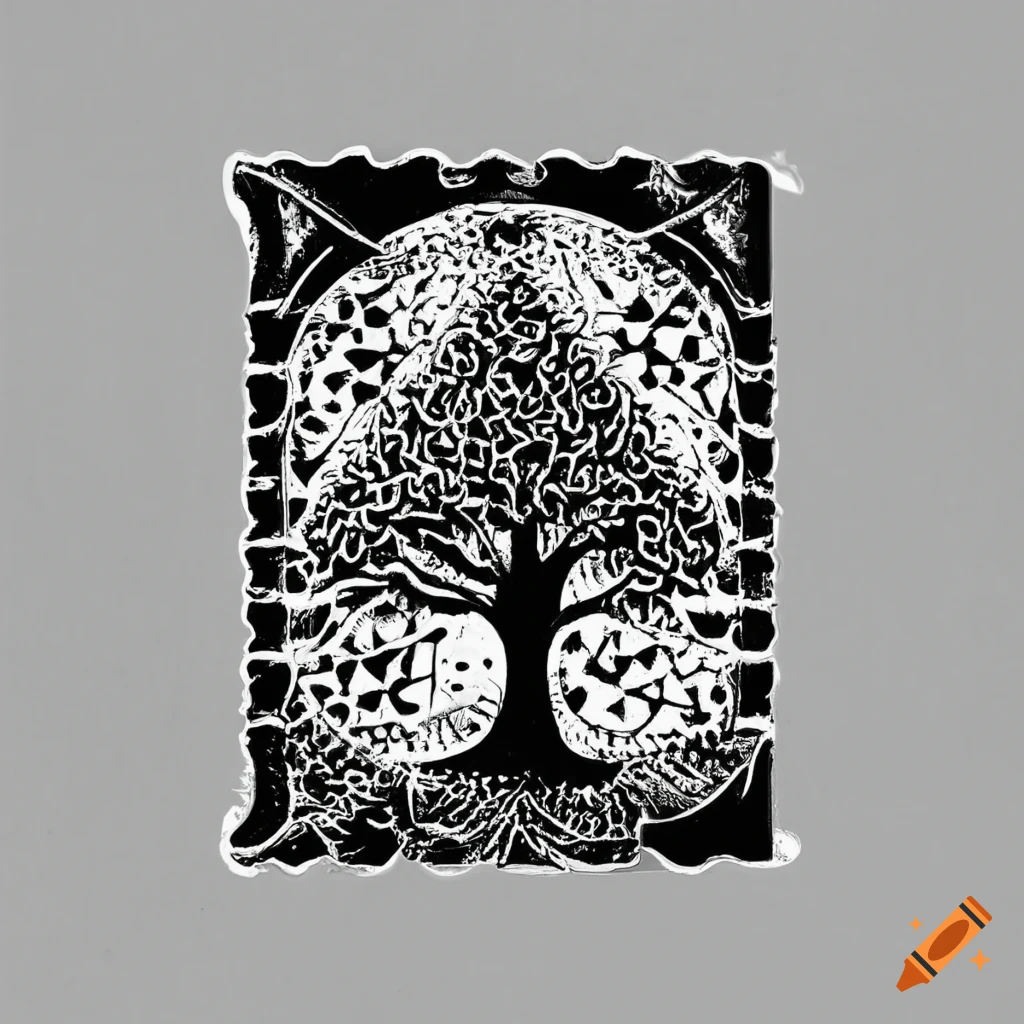 Tribal-inspired tree designs on a postal stamp in black and white on ...