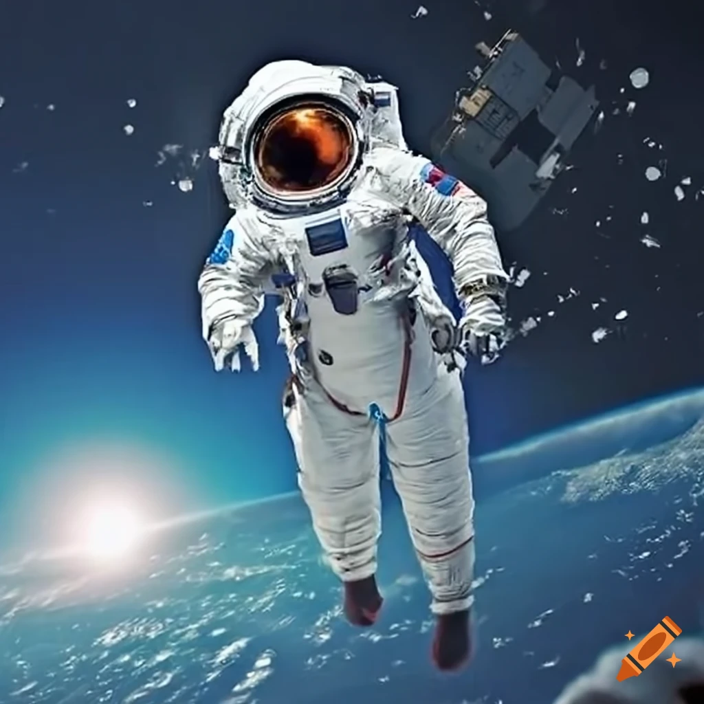 Space explorer in advanced suit lifting off with ignited rockets on Craiyon