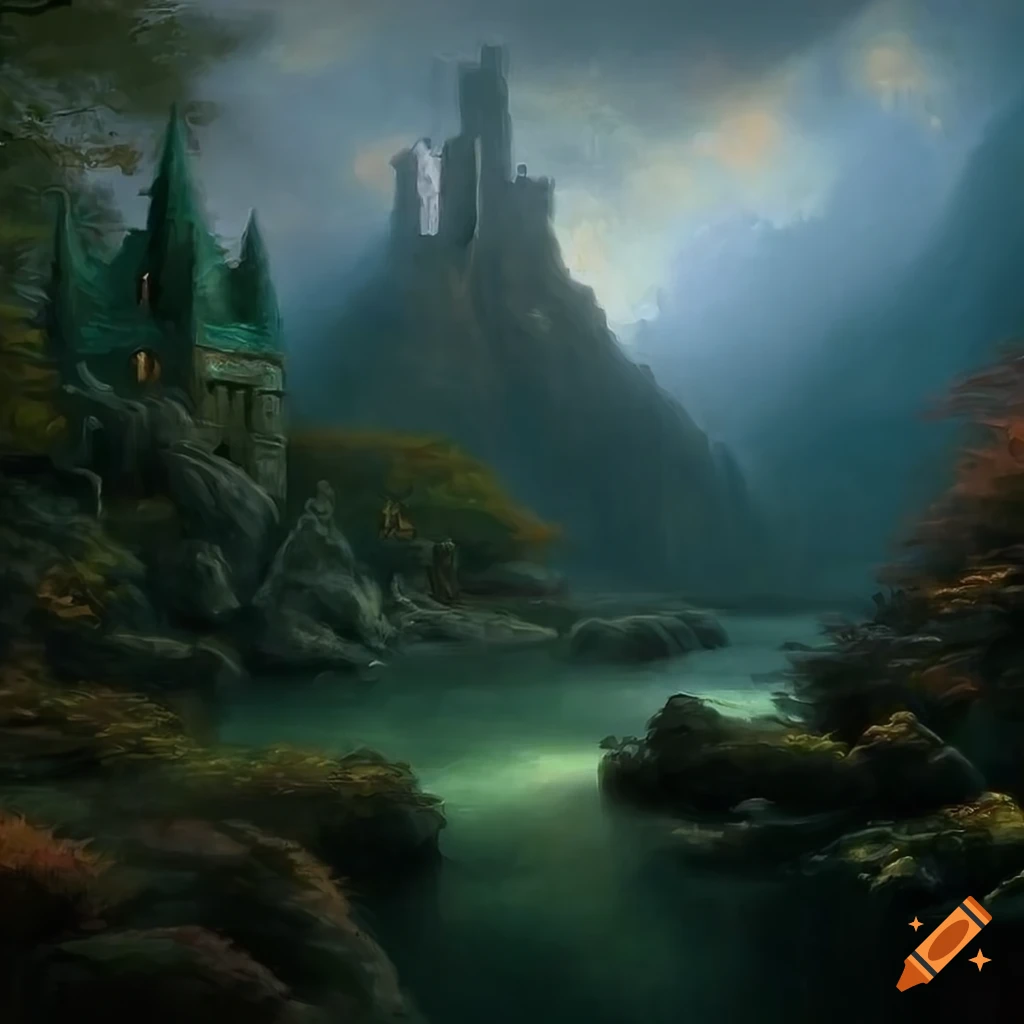 Sinister wizard's castle surrounded by mountains, stone walls, and ...