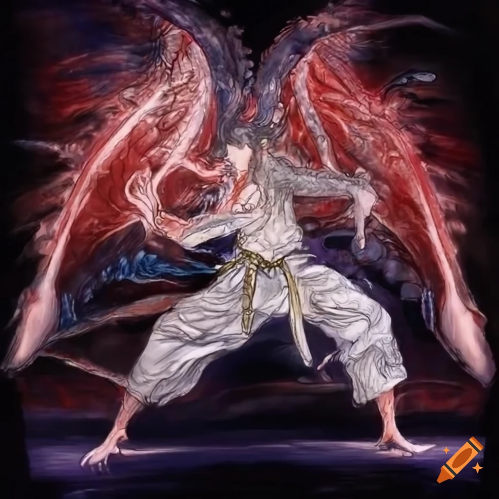 Quantum warrior in Yoshitaka Amano style facing a menacing dragon on ...