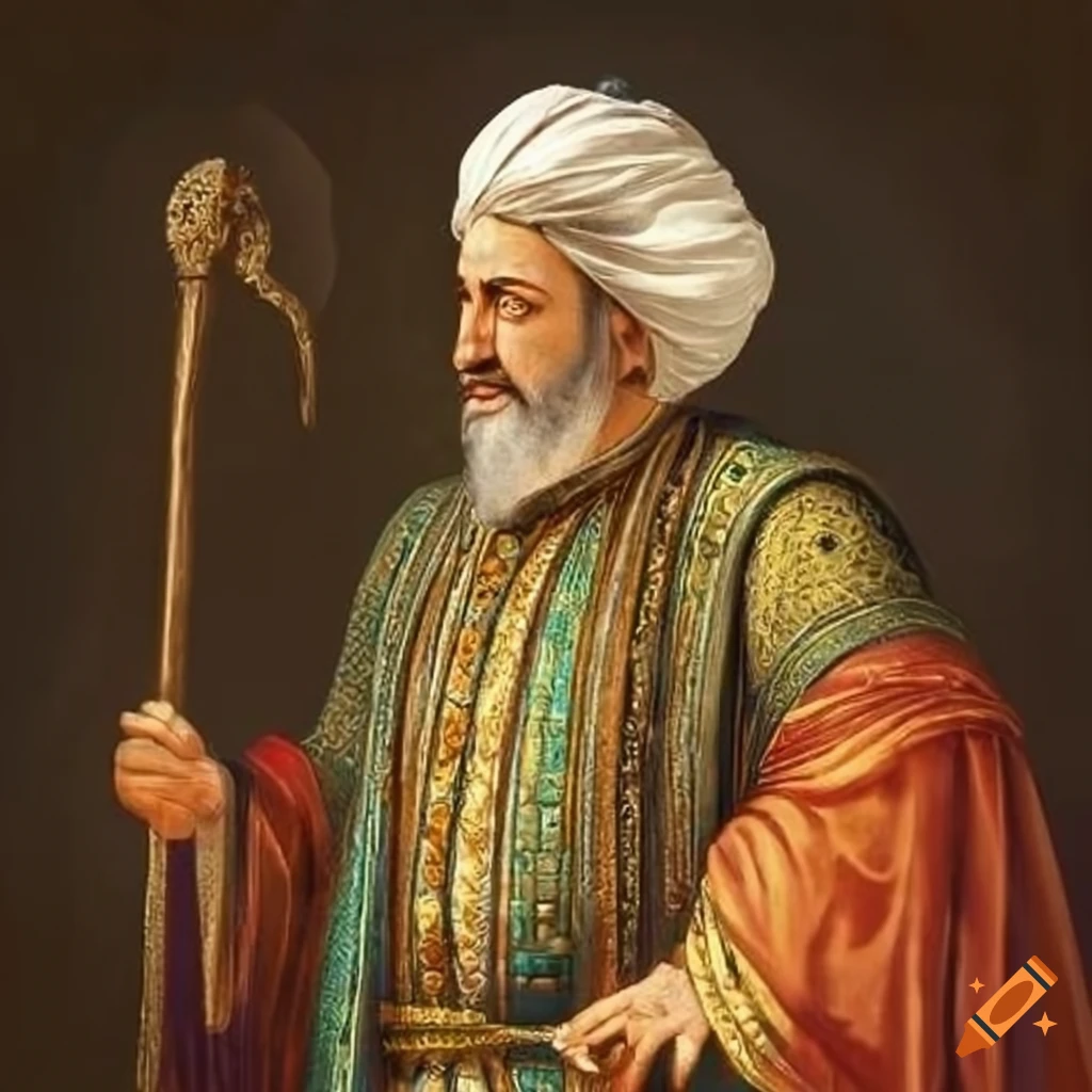 Medieval sultan in elegant robes standing in front of an Ayyubid palace ...