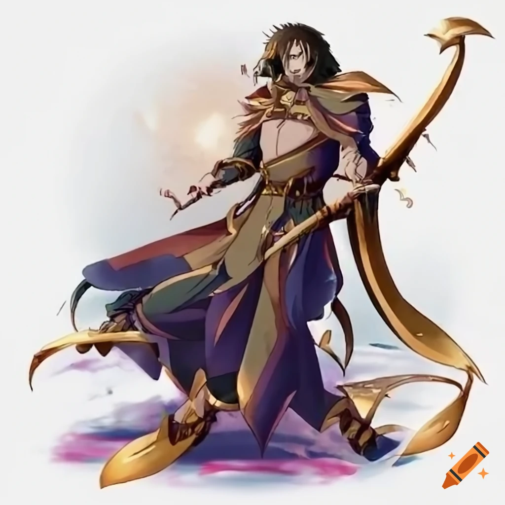 Wizard warrior meditating with falcon, sword, and bow in a magical ...