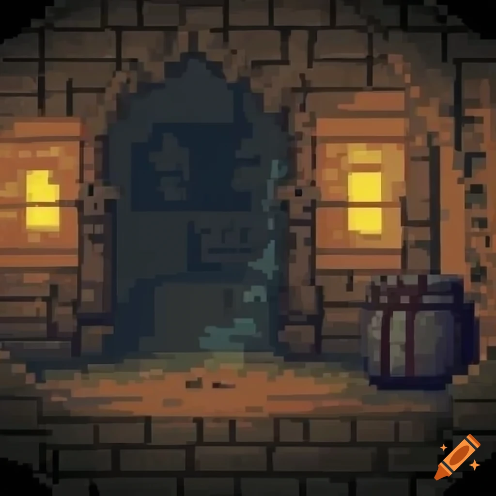 Dark medieval castle basement with vintage kegs in pixelated graphics ...
