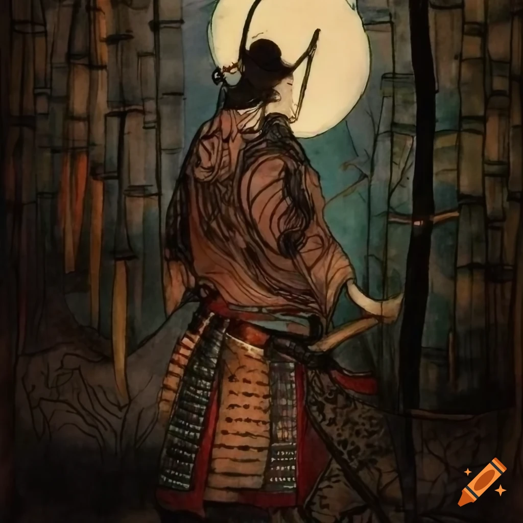 Elegant samurai amid vibrant bamboo in a moonlit forest on Craiyon