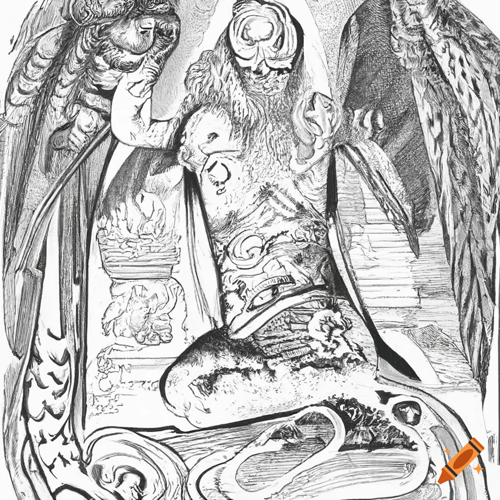 Wizard warrior meditating with falcon, sword, and bow in a magical ...