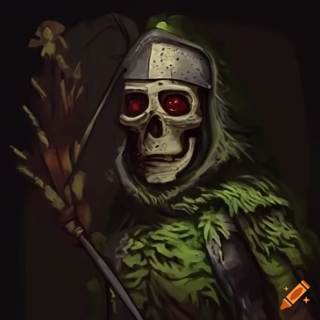 Medieval skeleton guard with moss-covered spear and glowing red eyes in ...