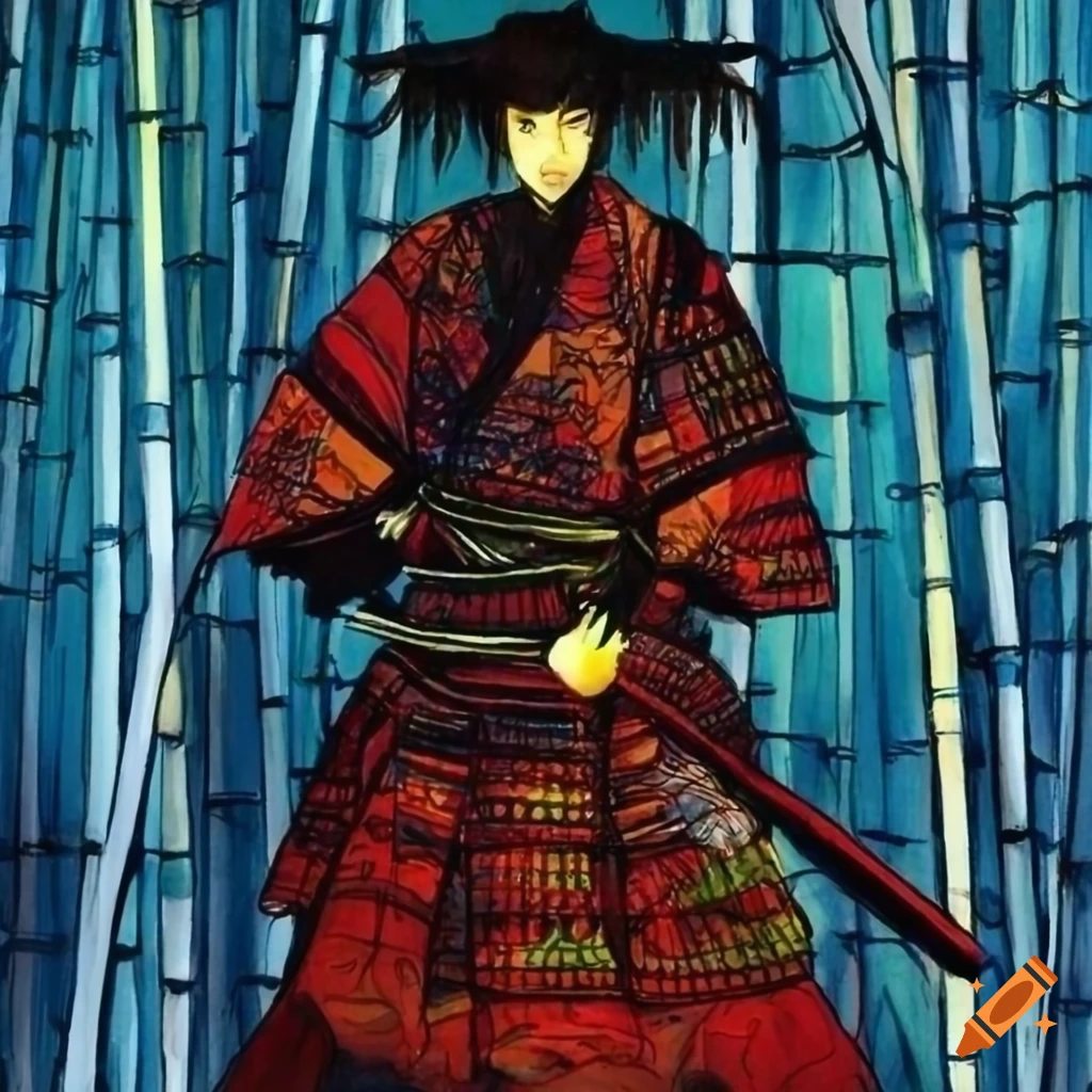 Elegant samurai among bamboo in a moonlit forest inspired by yoshitaka ...