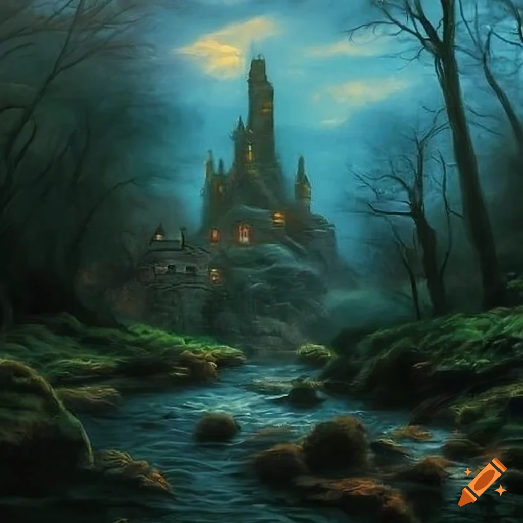 Sinister wizard's castle at the foot of mountains with stone walls ...