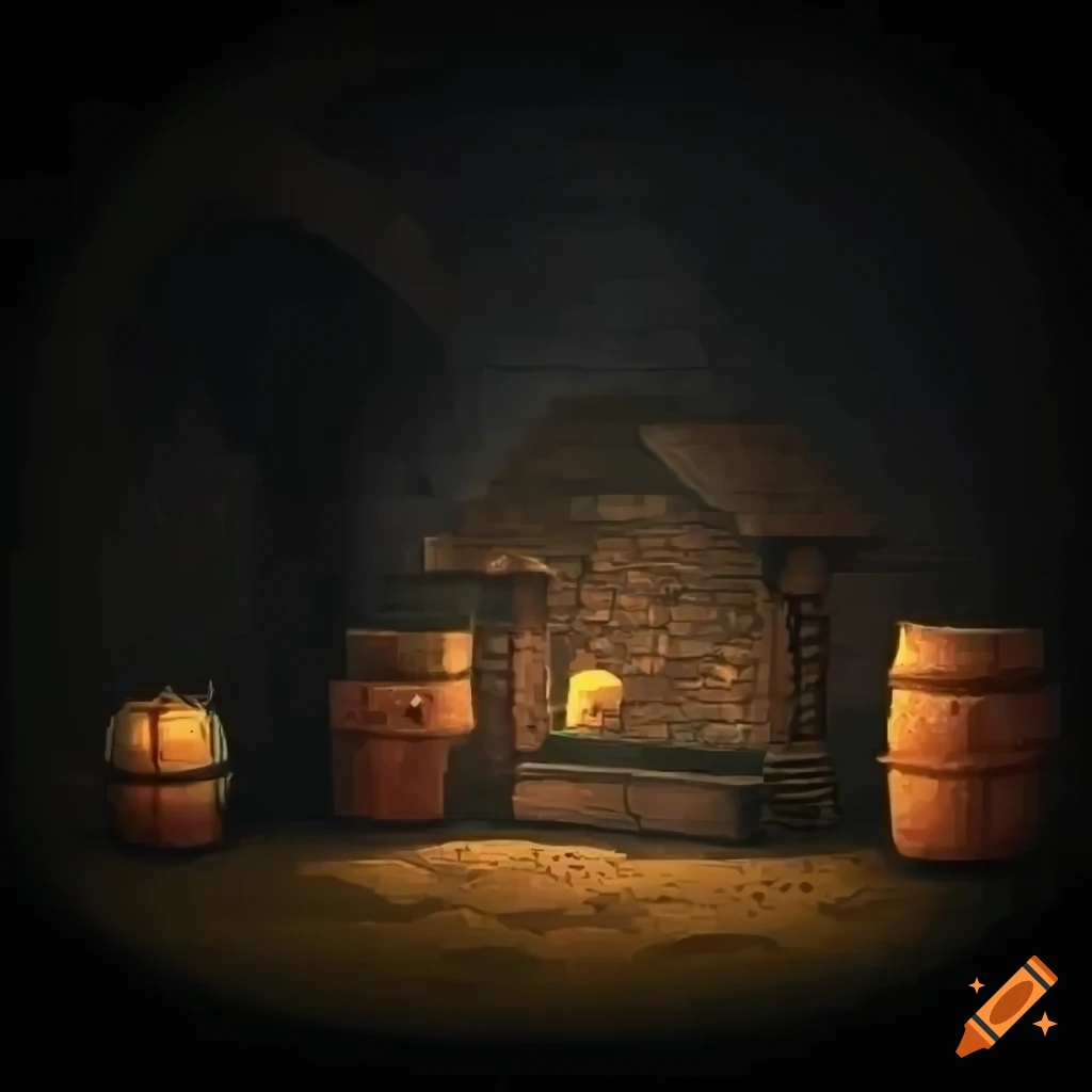 Dimly-lit medieval castle basement with vintage kegs in 16bit pixelated ...