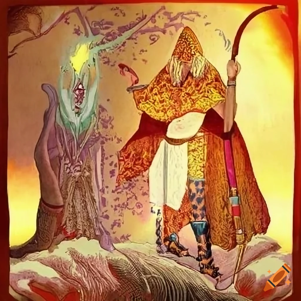 Wizard warrior meditating with a falcon, sword, and bow on Craiyon