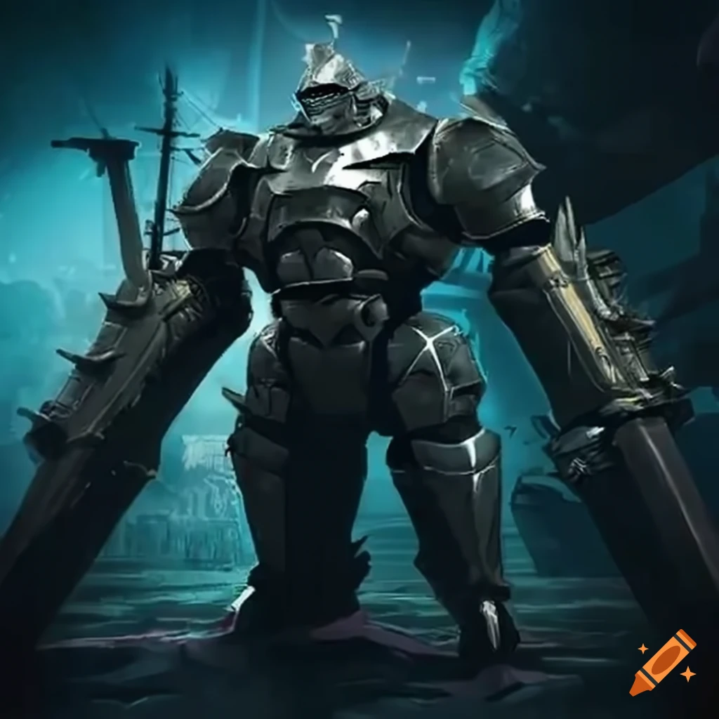 Armored man riding a battleship on Craiyon