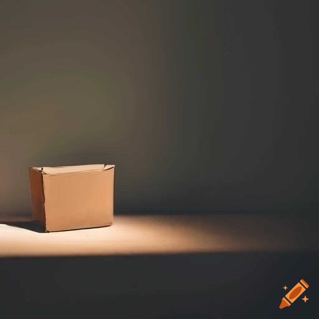 Slightly dented cardboard box on table with shadows in dimly lit room ...
