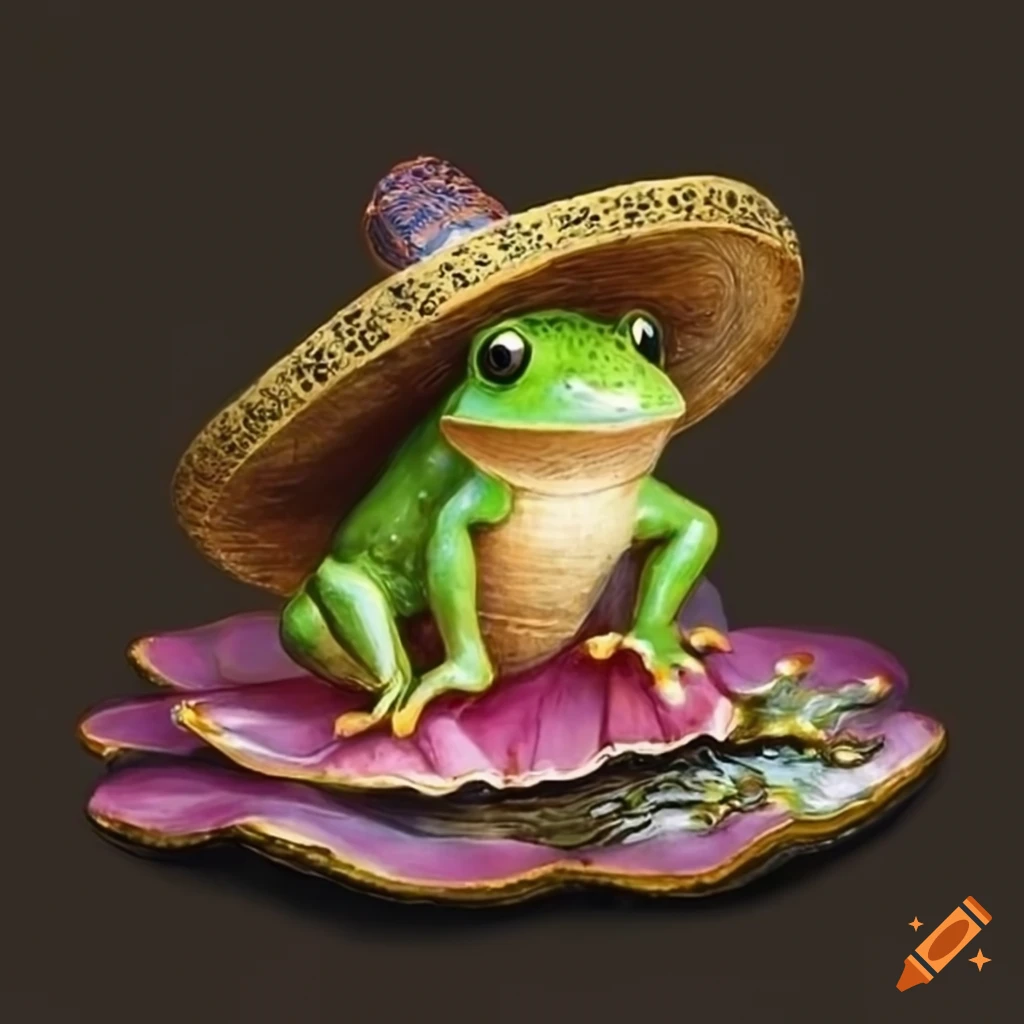 Frog wearing sombrero on a rococo-style lily pad on Craiyon