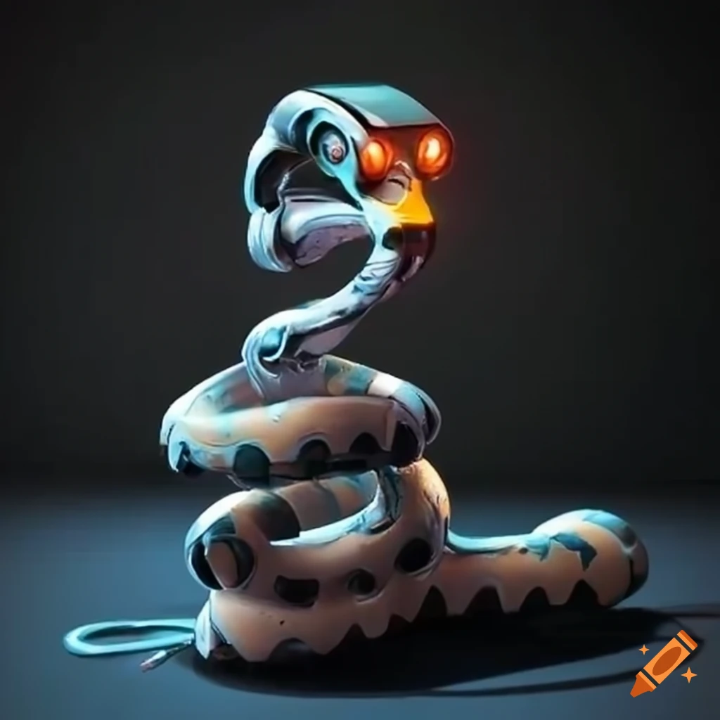 Metal and plastic robot designed as a snake on Craiyon