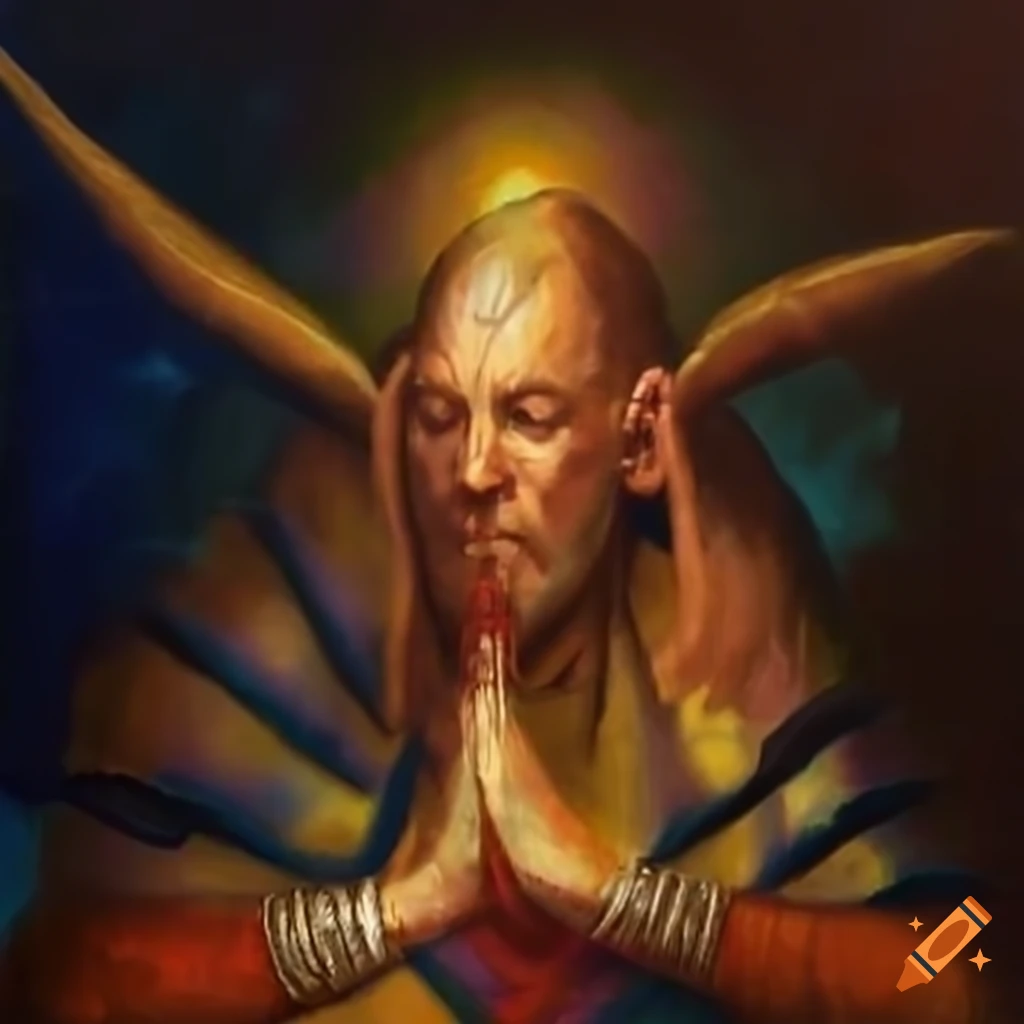 Wizard warrior meditating with a falcon, sword, and bow on Craiyon