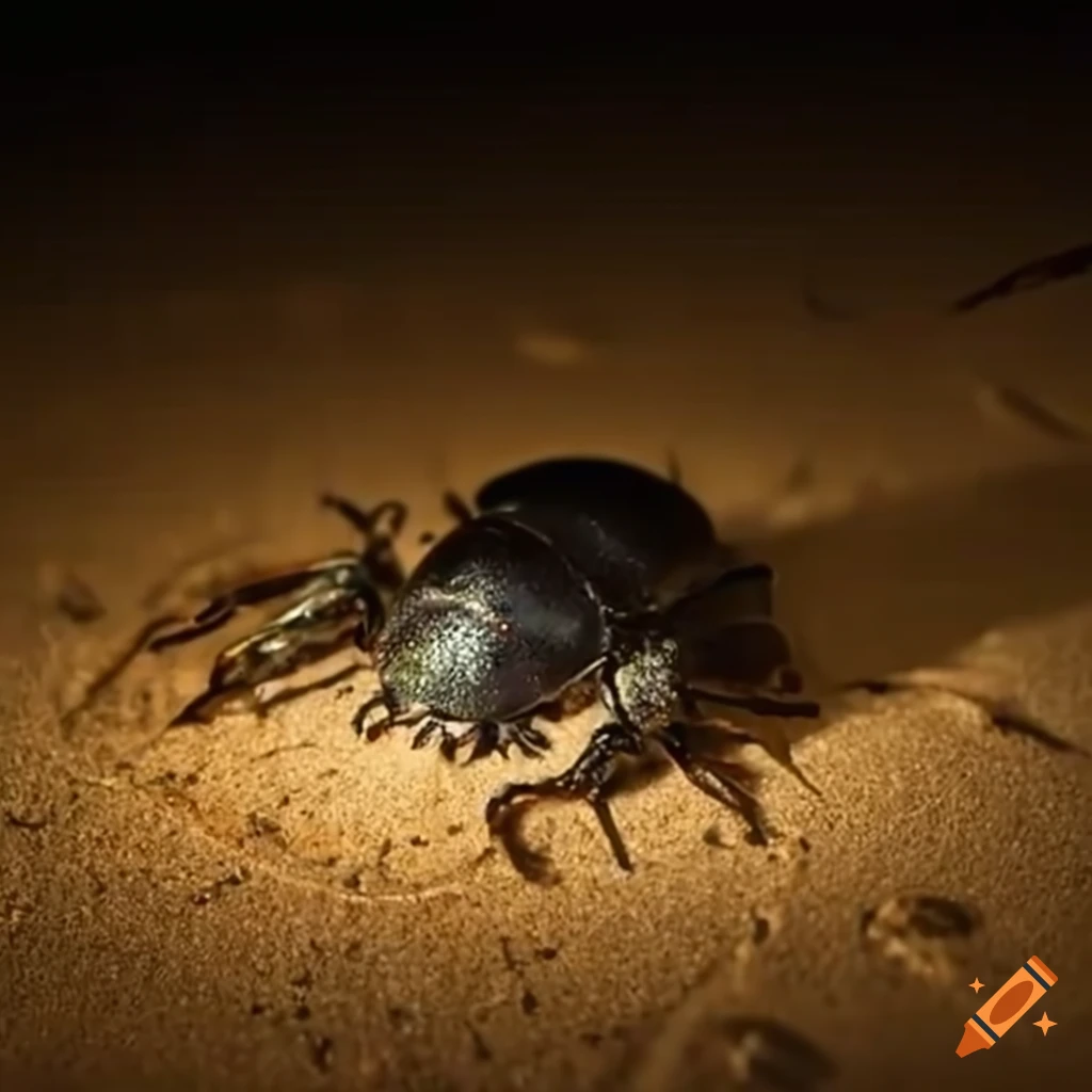 Unusually large beetle remains on a sandy beach illuminated by ...