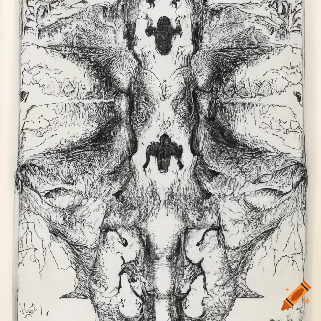 Rorschach style ink drawing resembling a dürer print with tree trunk and eyes on Craiyon
