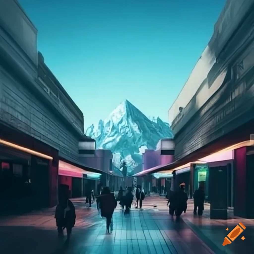 Dead shopping malls rising like mountains in a surreal landscape on Craiyon