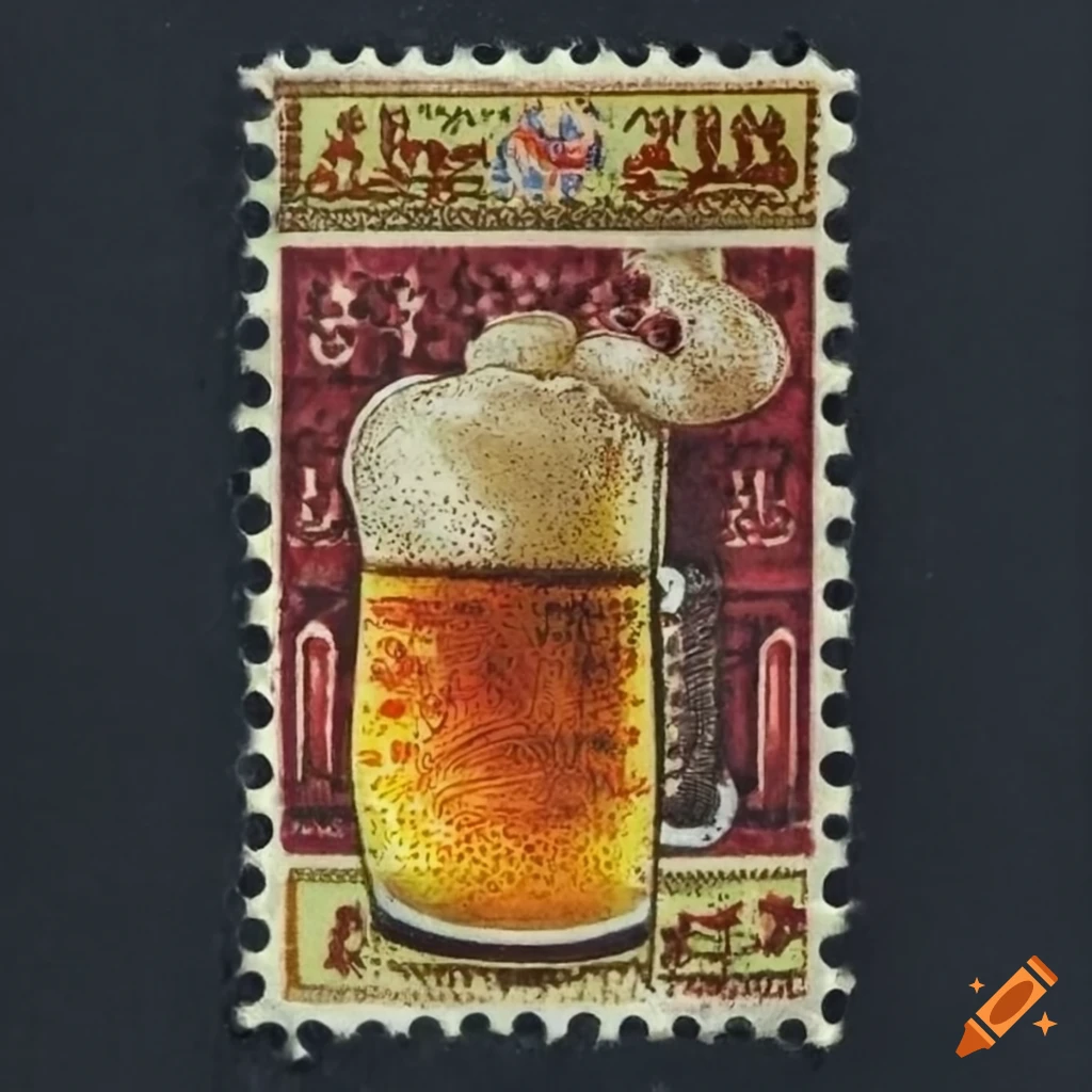Indonesian folk art postage stamp with bavarian beer on Craiyon