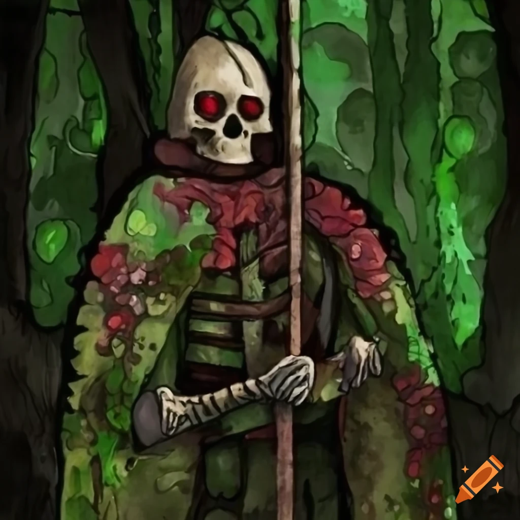 Medieval skeleton guard with moss-covered spear and glowing red eyes in ...