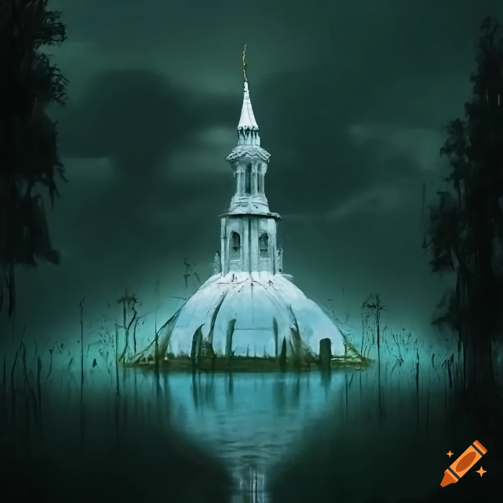 Dome of church sinking into swamp in imaginative fine art on Craiyon