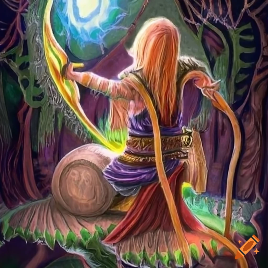 Wizard warrior meditating with falcon, sword, bow and arrows on Craiyon