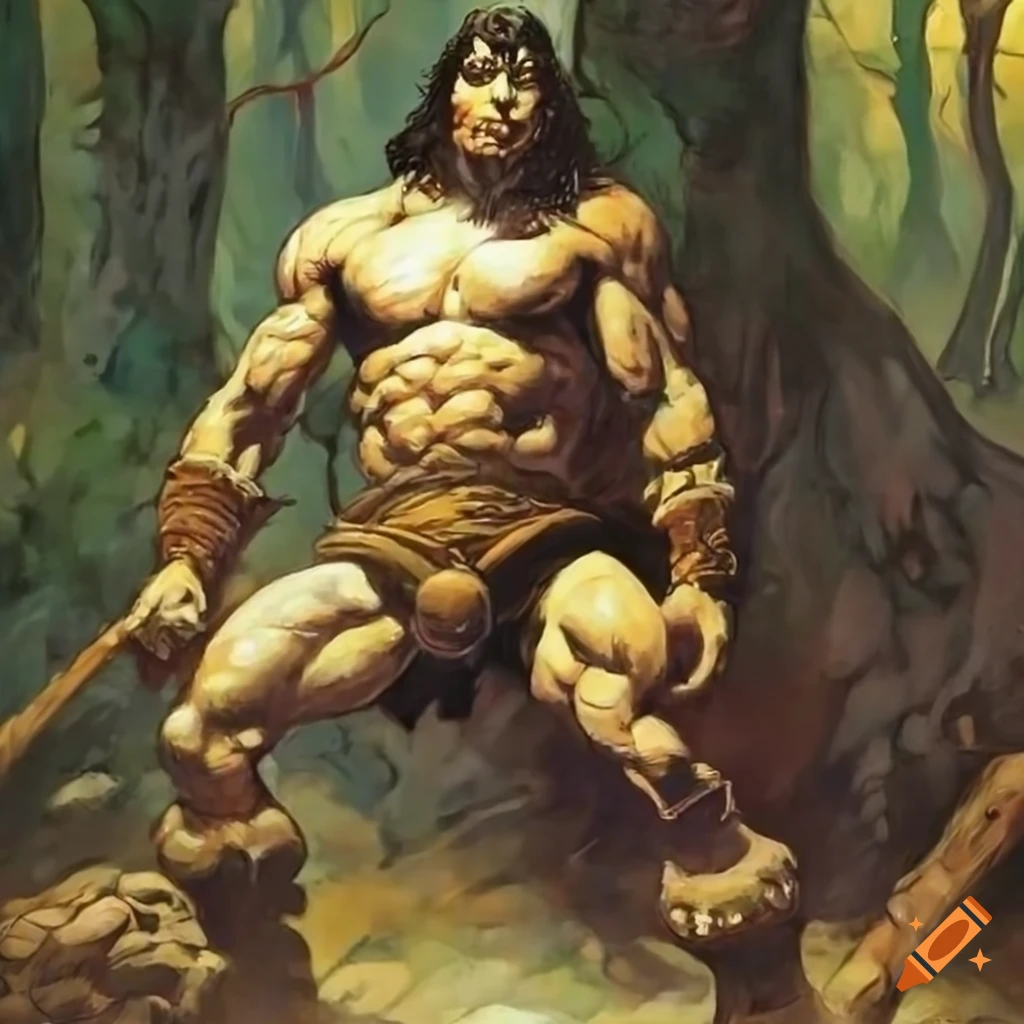 Conan the barbarian standing in a detailed forest setting on Craiyon