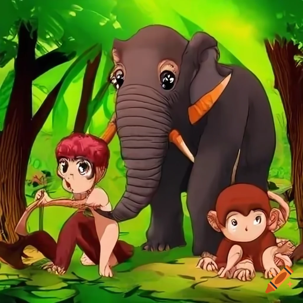 Monkeys playing with an elephant in a vibrant jungle on Craiyon