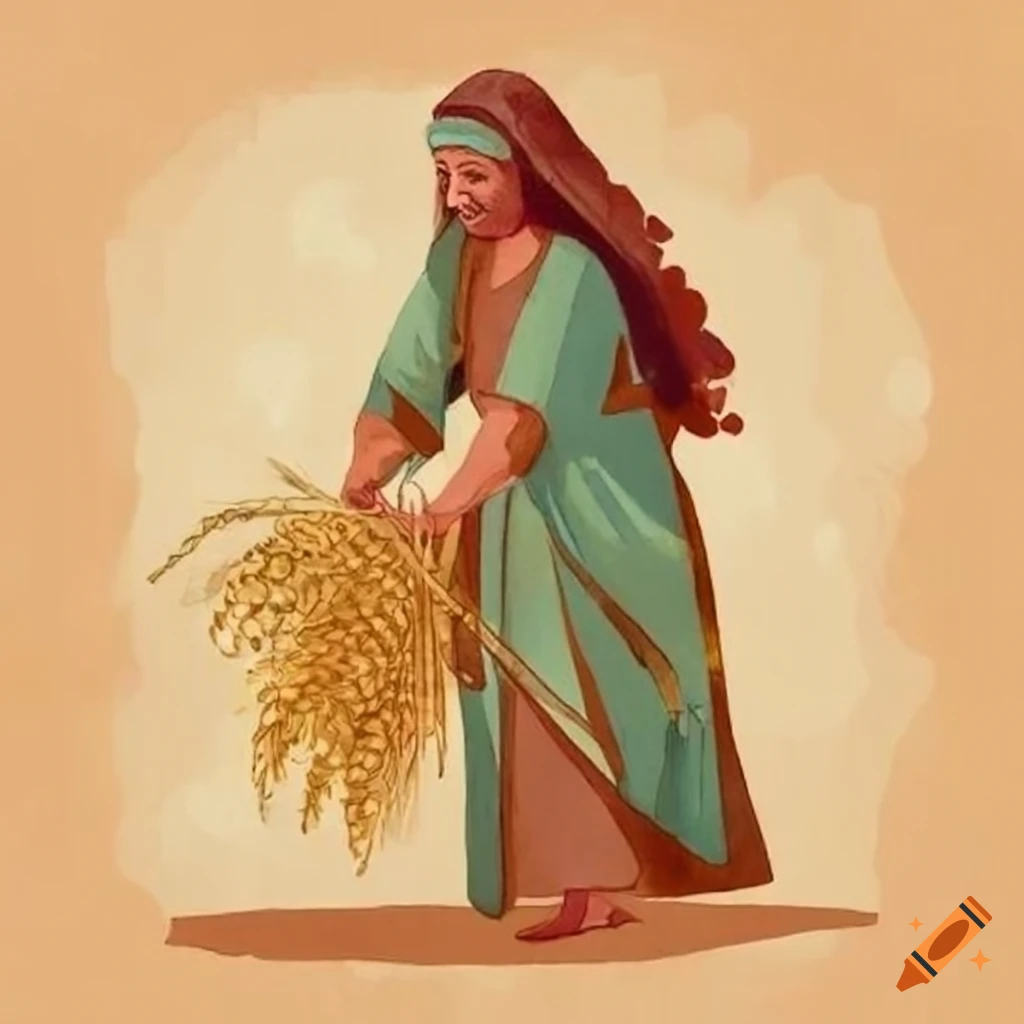 Biblical character Ruth gathering wheat in a drawing on Craiyon