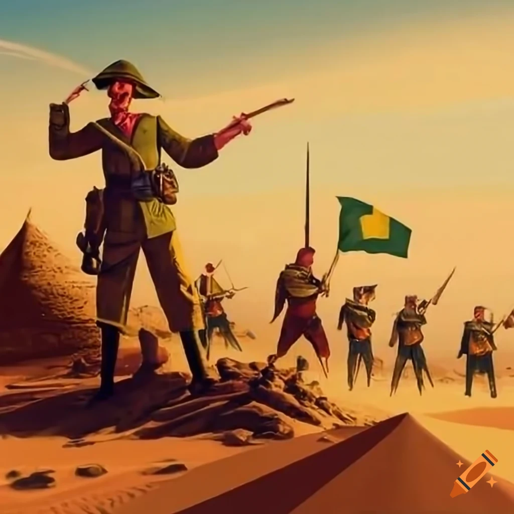 Soldiers in Irish Rebel uniforms waving flags in an Egyptian desert ...