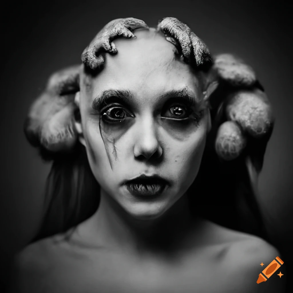 Mythical creature with deformed face and piercing eyes in black and ...