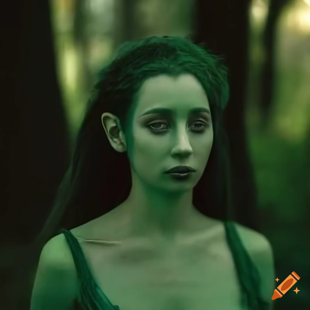 Tribal elf girl in Australian oak forest with hut house in cinematic ...